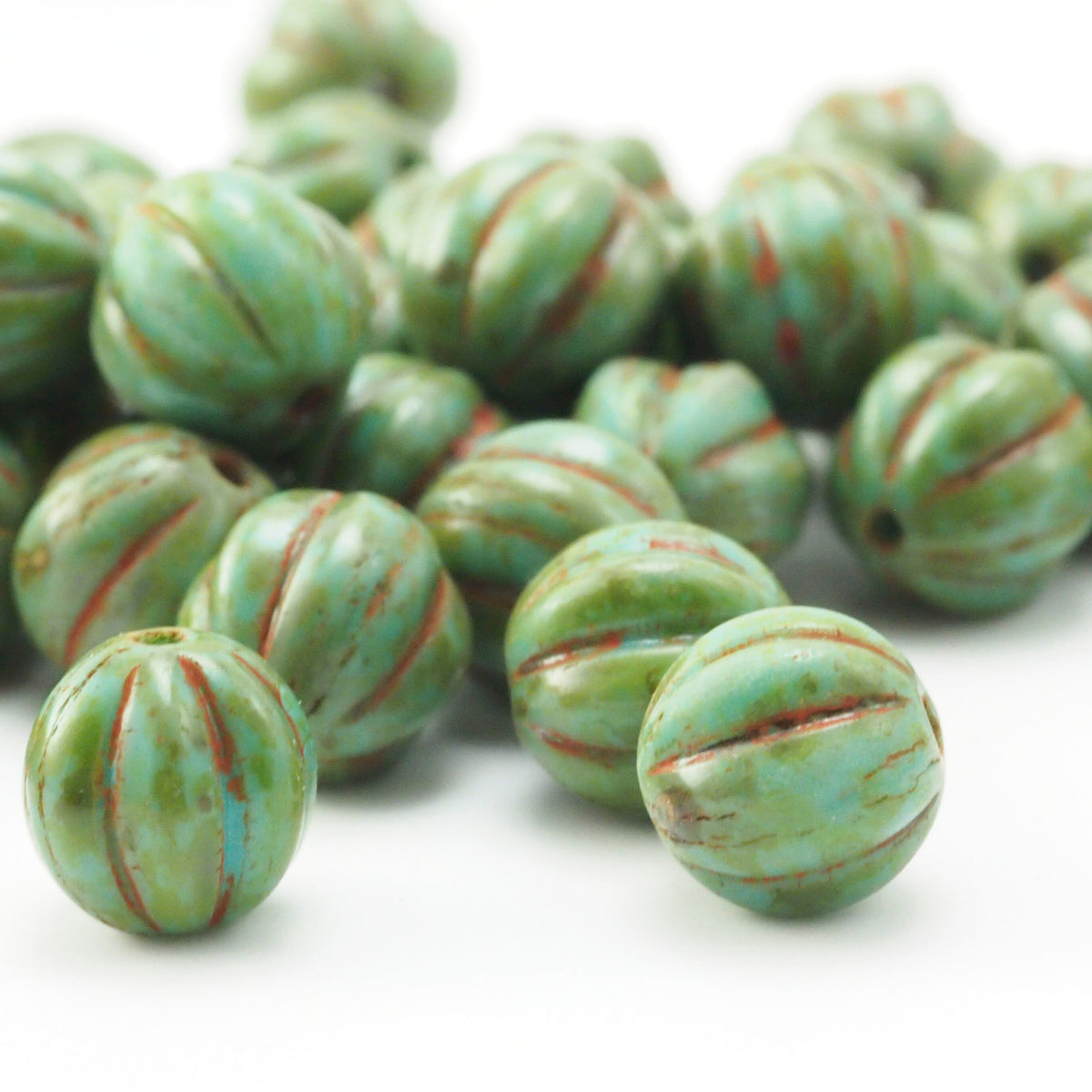 15 - 8mm Turquoise Picasso Melon Beads - Corrugated Czech Glass Rounds ...