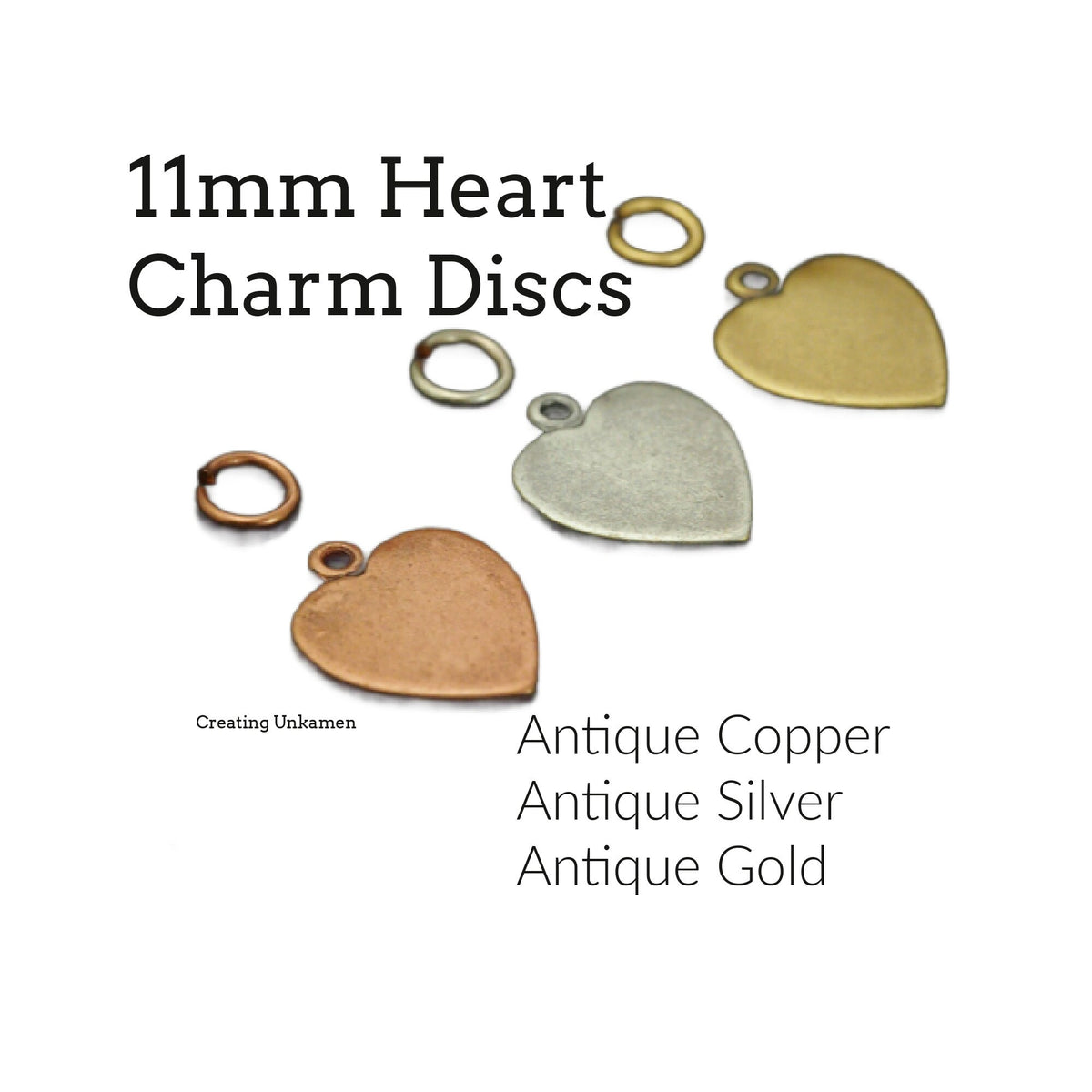 12 Small Heart Charm Blanks in Antique Copper, Antique Gold, Antique S ...
